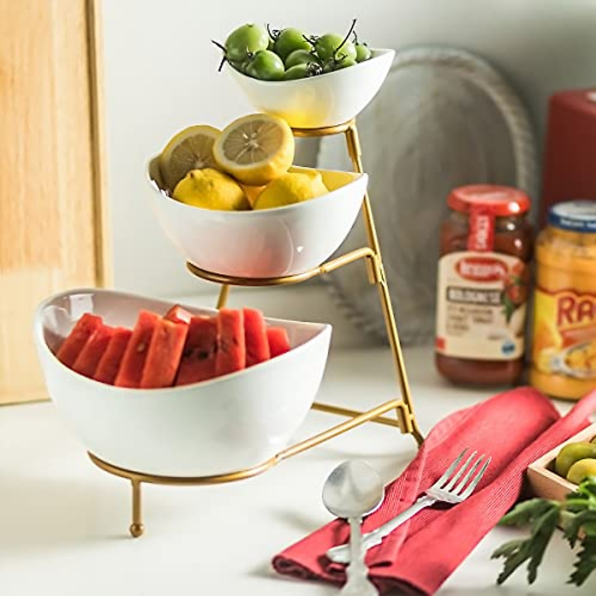 YHOSSEUN 3 Tier Serving Stand Oval Serving Bowl with Metal Rack, Tied Serving Tray Food Display Dessert Appetizer, Serving Bowl Fruit Chip Dip Bowl Set for Parties, Gold