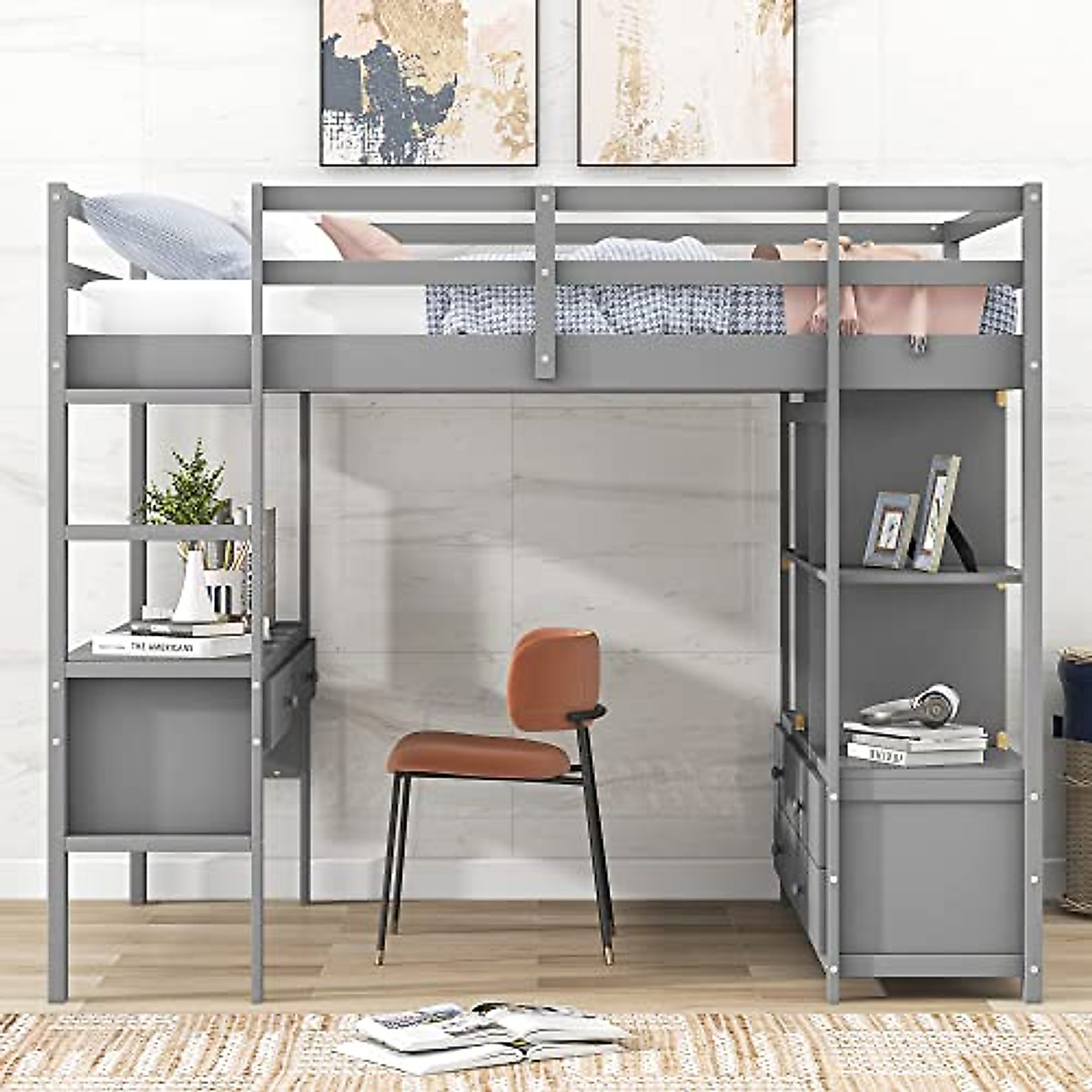 Harper & Bright Designs Full Size Loft Bed with Desk and 2 Drawers, Solid Wood Full Loft Bed with Storage Shelves and Drawers for Girls Boys Teens Adults,No Box Spring Needed,Grey