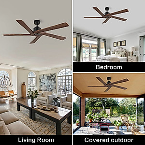 WINGBO 64 Inch DC Ceiling Fan without Lights, 5 Reversible Carved Solid Wood Blades, 6-Speed Noiseless DC Motor, Ceiling Fan No Light with Remote, Matte Black Finish with Walnut Blades, ETL Listed