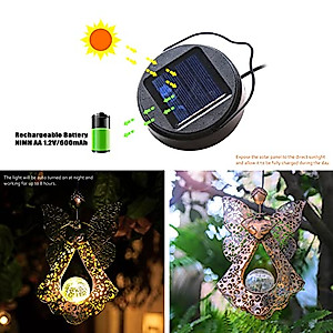 GOODME Hanging Solar Lights Outdoor Waterproof LED Solar Lantern Metal Angel Memorial Gift with Crackle Globe Glass Decoration for Porch,Patio,Yard,Garden