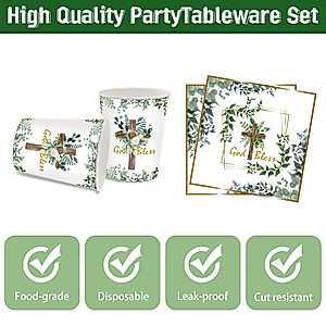 168Pcs God Bless Plates and Napkins Baptism Tableware Set First Holy Communion Party Decorations Mi Bautizo Eucalyptus Leaves Sage Paper Plates Christening Celebration Baby Shower Supplies,Serve 24