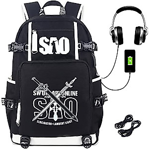 Roffatide Anime Sword Art Online Backpack Luminous School Bag SAO Laptop Backpack with USB Charging Port & Headphone Port