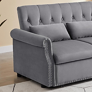 Velvet Pull Out Sleeper Sofa Bed, Convertible Futon Couch Bed with Adjustable Backrests, 3 in 1 Modern Tufted Loveseat with Retro Rivet, Small Love Seat for Living Room, Guest Room, Gray