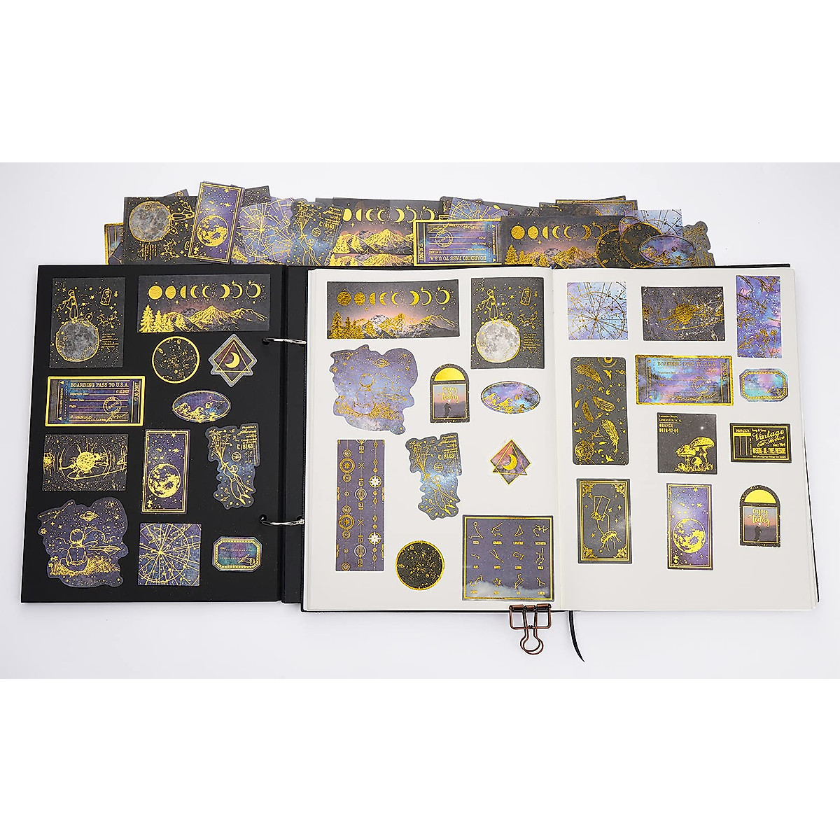 Knaid Celestial Black Gold Foil Stickers Set (60 Pieces) - Decorative Planet Moon Space Galaxy Astronomy Planner Sticker for Scrapbooking Bullet Journaling Junk Journal DIY Art Crafts Album Calendars
