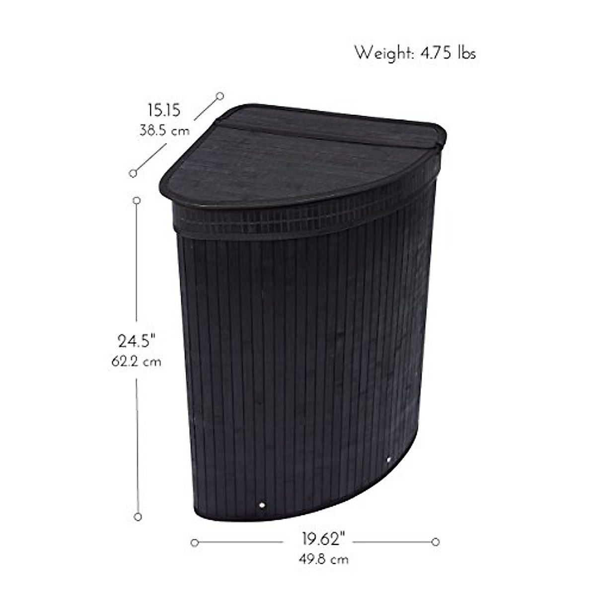BirdRock Home Corner Laundry Hamper with Lid and Cloth Liner - Bamboo - Black - Easily Transport Laundry Basket - Collapsible Hamper - String Handles