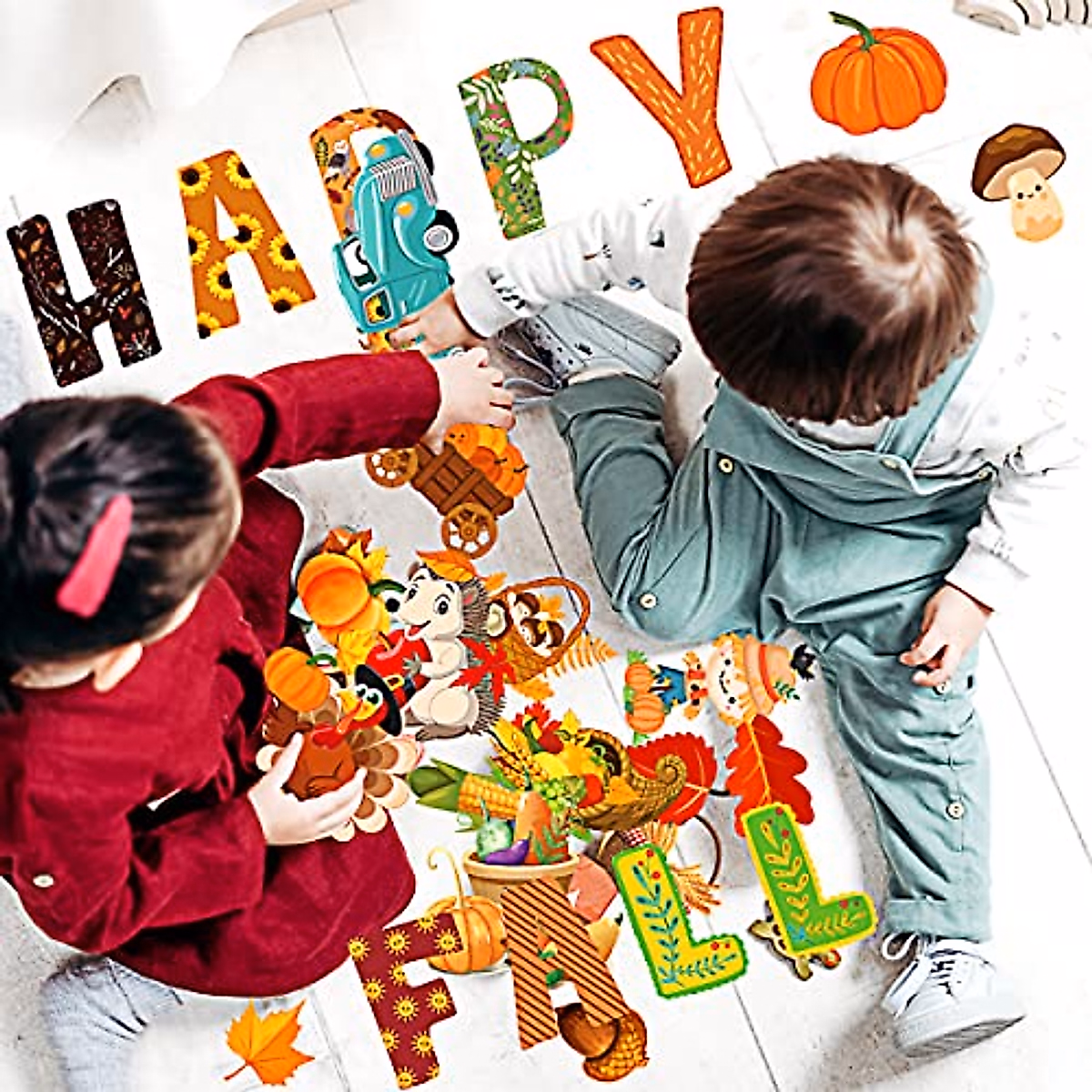 56 PCS Happy Fall Cut-Outs Pumpkin Maple Leaves Cut Outs Turkey Corn Sunflower Cutouts with 100 Glue Point, Autumn Paper Decoration for Fall Thanksgiving Theme Classroom Bulletin Board Wall Decor