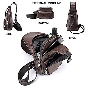 JUMO CYLY Leather Sling Bag with USB Charging Port Large Mens Crossbody Shoulder Bag Travel Sling Chest Bag (Small Deep Brown)
