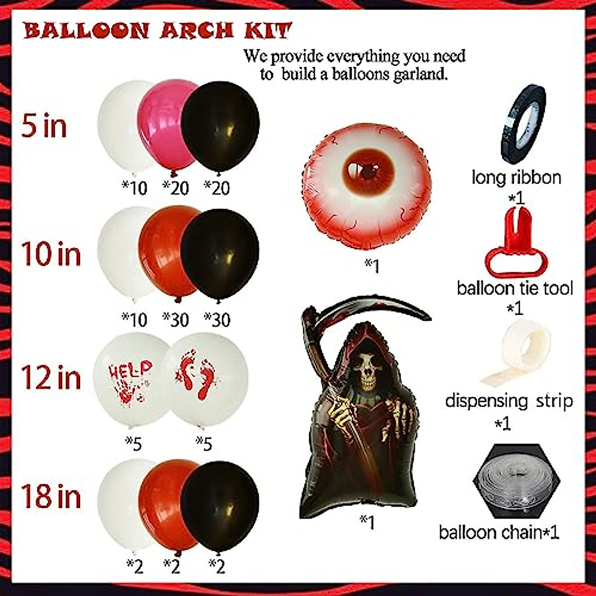 Felice Arts Halloween Blood Splatter Balloon Arch Garland Kit White Red Black Balloons with Red Blood Eye and Demon Foil Balloons for Birthday Vampire Haunted House Halloween Party Supplies