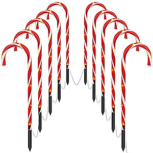 CREPRO Christmas Candy Cane Pathway Lights, 10 Pack Christmas Pathway Markers Decorations Lights for Holiday Yard Patio Garden Walkway Indoor Outdoor Lights Stakes
