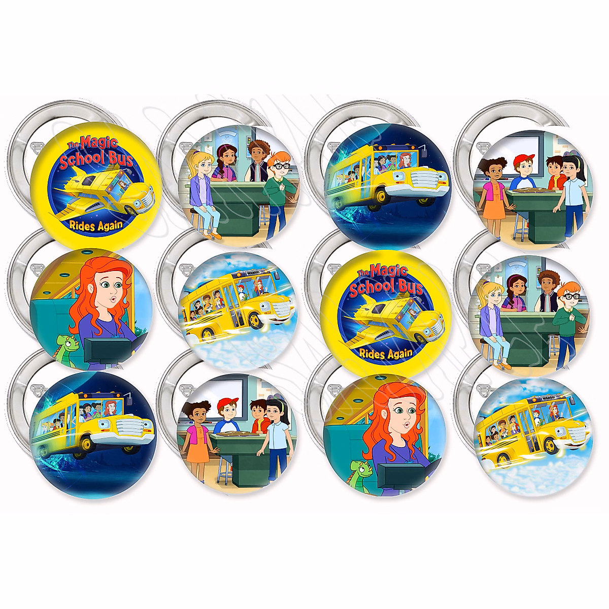 Magic School Bus Rides Again Buttons Party Favors Supplies Decorations Collectible Metal Pinback Buttons, Large 2.25” -12 pcs Ms. Fiona Frizzle Keesha Dorothy Ann Wanda Jyoti Carlos Ralph
