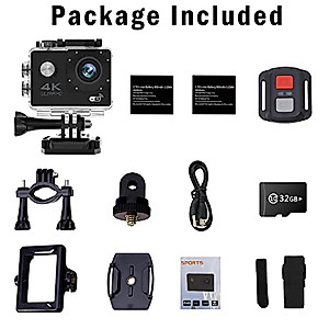 Action Camera 4K30FPS Ultra HD Waterproof Camera,98FT 30M Underwater Cameras and Remote Control 170° Wide Angle Video Recording Sports Cameras with 32G SD Card & 2 Batteries Accessories Kit