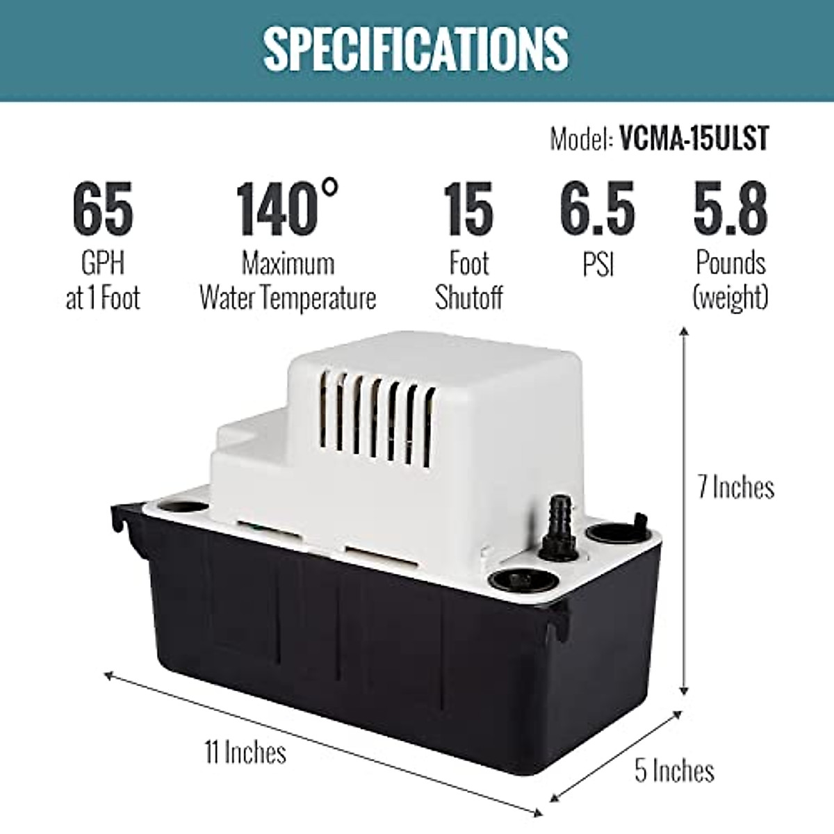 Little Giant VCMA-15ULST 115 Volt, 65 GPH, 1/50 HP Automatic Condensate Removal Pump with Safety Switch and Tubing, Black/White, 554415