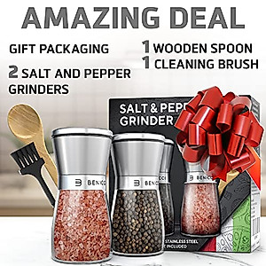Beautiful Stainless Steel Salt and Pepper Grinder Set of 2 - Pepper Mill & Salt Mill with Adjustable Coarseness - Glass Spice & Salt Shakers - Easy Clean Ceramic Grinders w/a Spoon & Cleaning Brush