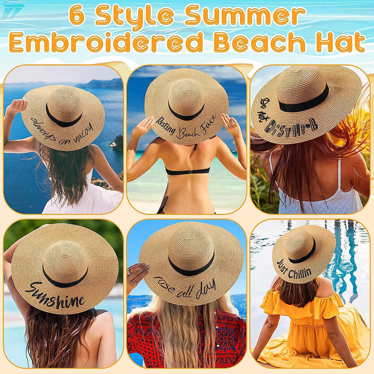 Sureio 6 Pcs Beach Hat for Women Summer Floppy Hat Embroidered Foldable Sun Hat Large Brim Adjustable Straw Hats for Women Vocation Travel