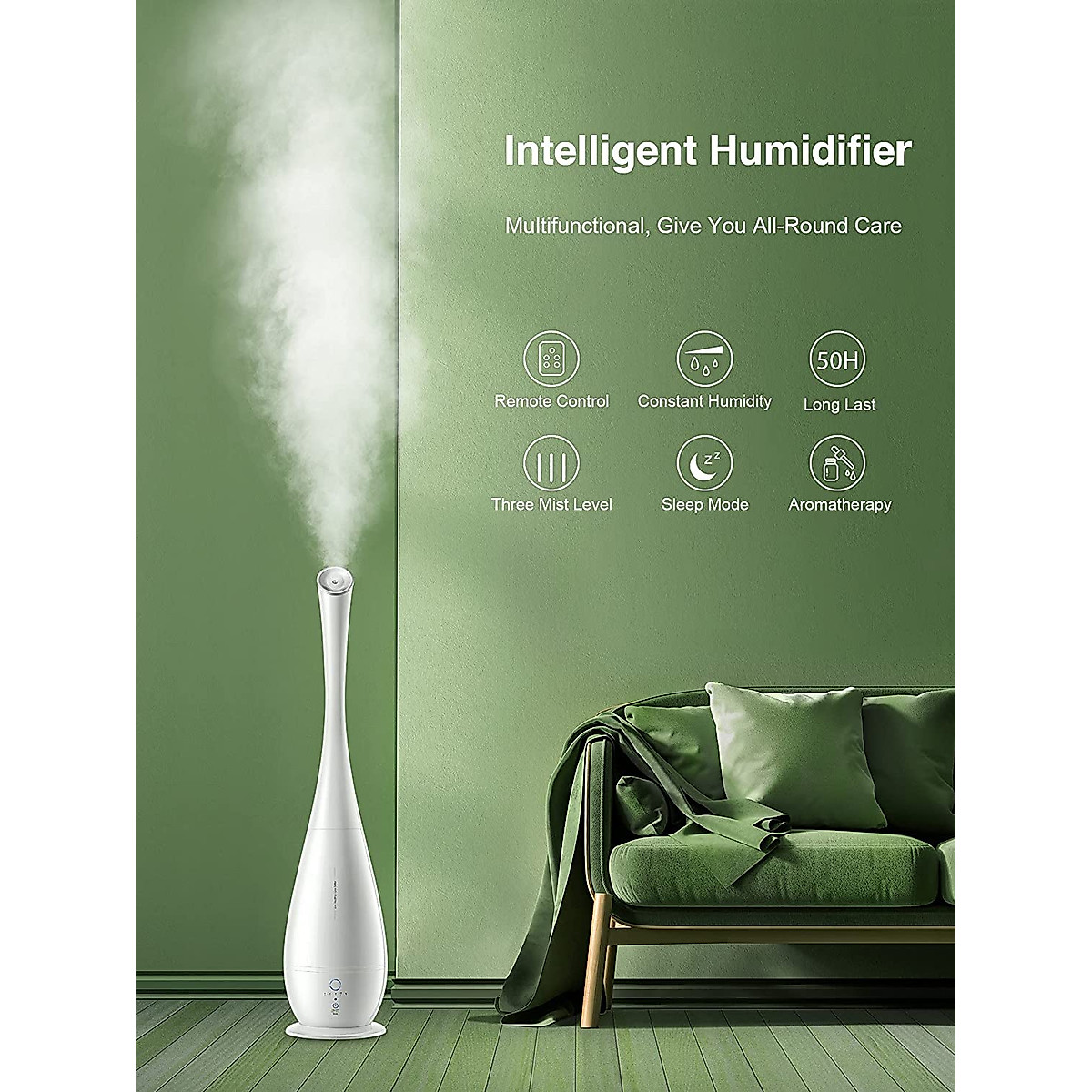 Humidifier, 5L Floor Humidifiers for Large Room with Remote Control, Cool Mist Humidifiers with Oil Diffuser Tray, Smart Humidity Last up to 50 Hours