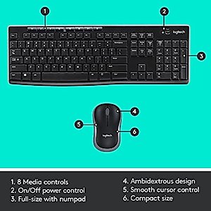 Logitech MK270 Wireless Keyboard And Mouse Combo For Windows, 2.4 GHz Wireless, Compact Mouse, 8 Multimedia And Shortcut Keys, For PC, Laptop - Black