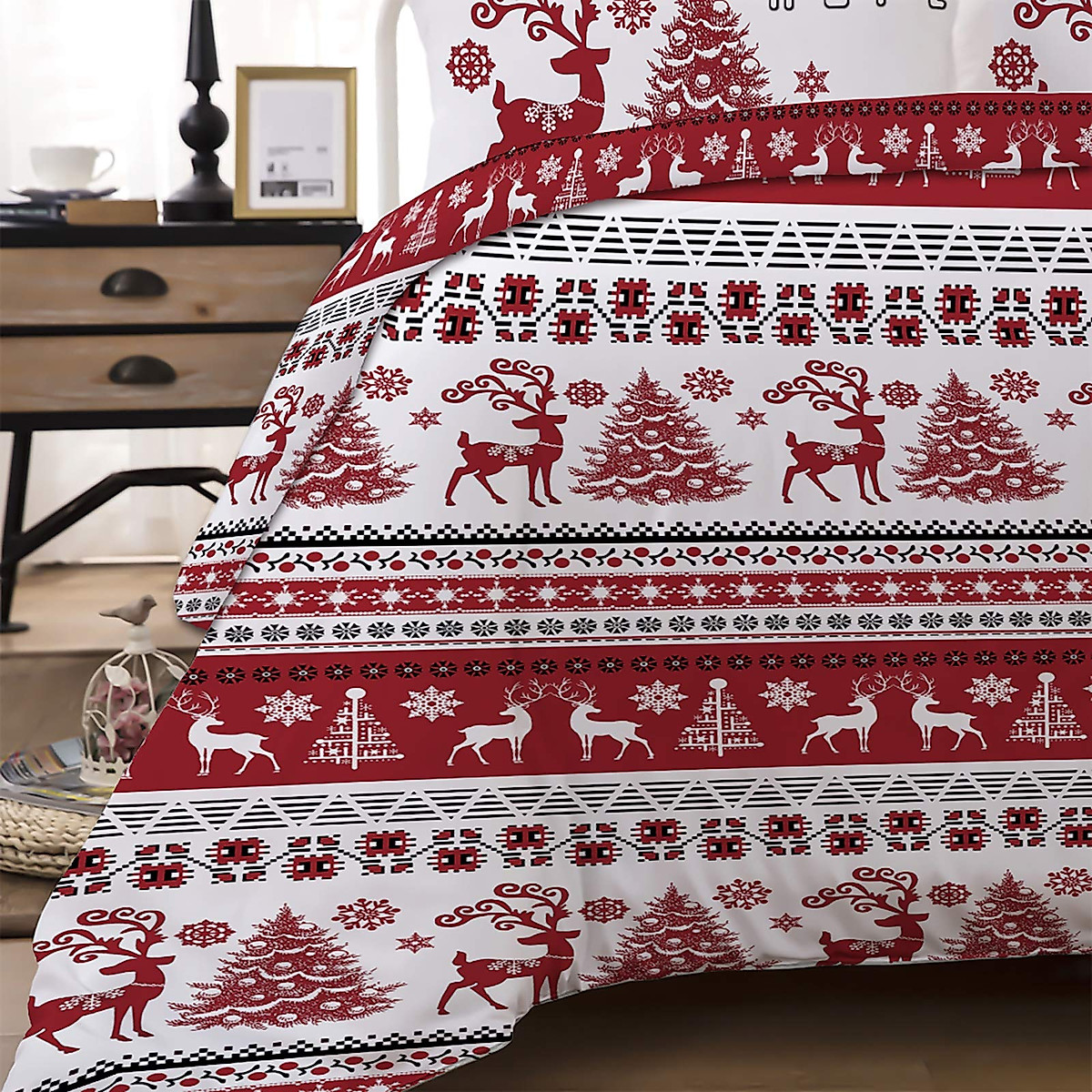 WONGS BEDDING Christmas Duvet Cover Set King 3 Pieces Red Deer Tree Snowflake Pattern Printed Bedding Comforter Cover with Zipper Closure for New Year Holidy,Soft Microfiber Set King Size 90"x 103"