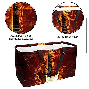Reusable Grocery Bag Electric Guitar in Flames Burning Fire Large Stand Up Tote Shopping Bag with Reinforced Handles