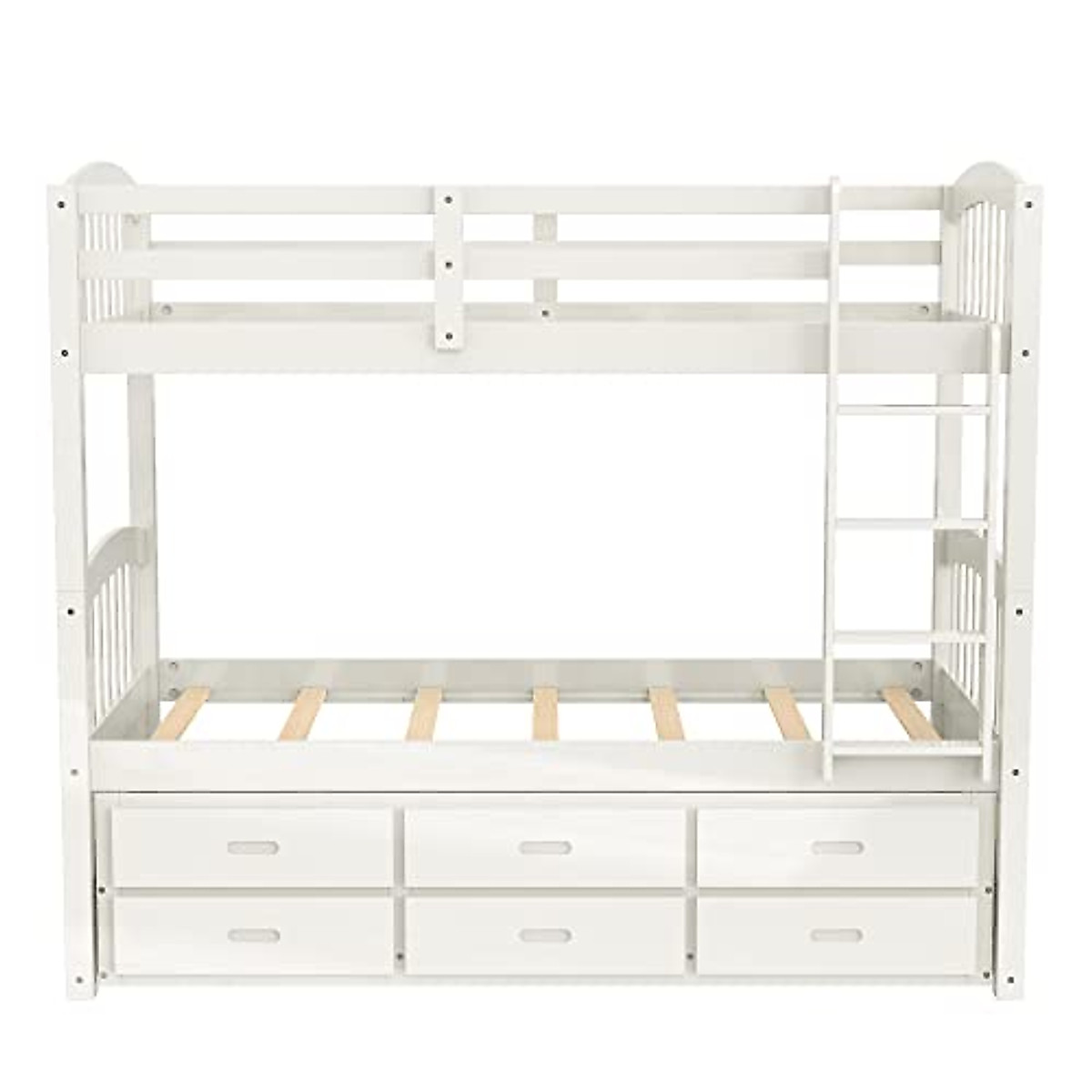 Merax Twin Over Twin Bunk Bed with Trundle and 3 Drawers, Solid Wood Bunk Bed Frame with Ladder and Full Guardrails, for Teens, White