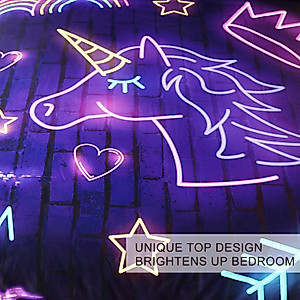 BlessLiving Purple Unicorn Bedding Girls Neon Unicorn Bed Set Gold Stars Pink Heart Crown Print Unicorn Bedspreads 3 Piece Cute Unicorn Duvet Cover Sets for Kids Teens Boys (Twin)