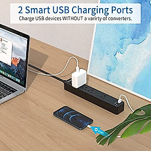 Flat Cord Power Strip with USB Bundle, NTONPOWER Flat Plug Power Strip with 15 Ft Extra Long Thin Extension Cord Under Rug, Carpet, Door, 3/4 Outlets 2 USB Charging Station for Home Office, Black