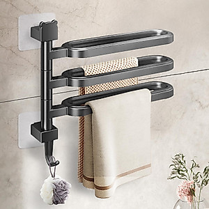 Pysrych No Drill Swivel Towel Rack Wall Mounted 3-Arm Towel Bar ABS Self-adhesive Towel Holder with Hook for Bathroom Shower Kitchen Black