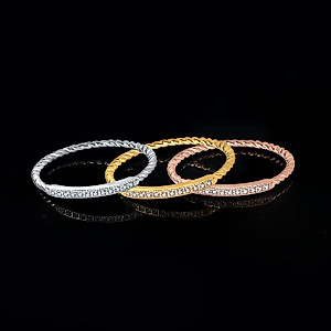 JewelryPalace 14K Yellow Rose Gold Plated 925 Sterling Silver Ring Sets, Twisted Rope Bar Cubic Zirconia Promise Rings for Her, 3pcs Simulated Diamond CZ Stackable Ring Eternity Bands for Women 10