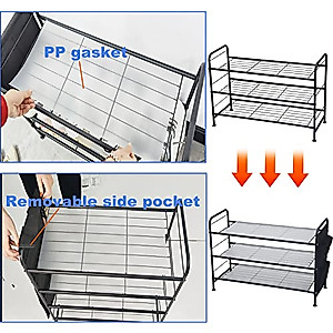 SORCEDAS Shoe Rack Organizer 3 Tier Free Standing Shoes Racks Small Metal Storage Shelf with Side Hanging Bag for Closet Entryway Hold 12 Pairs, Black