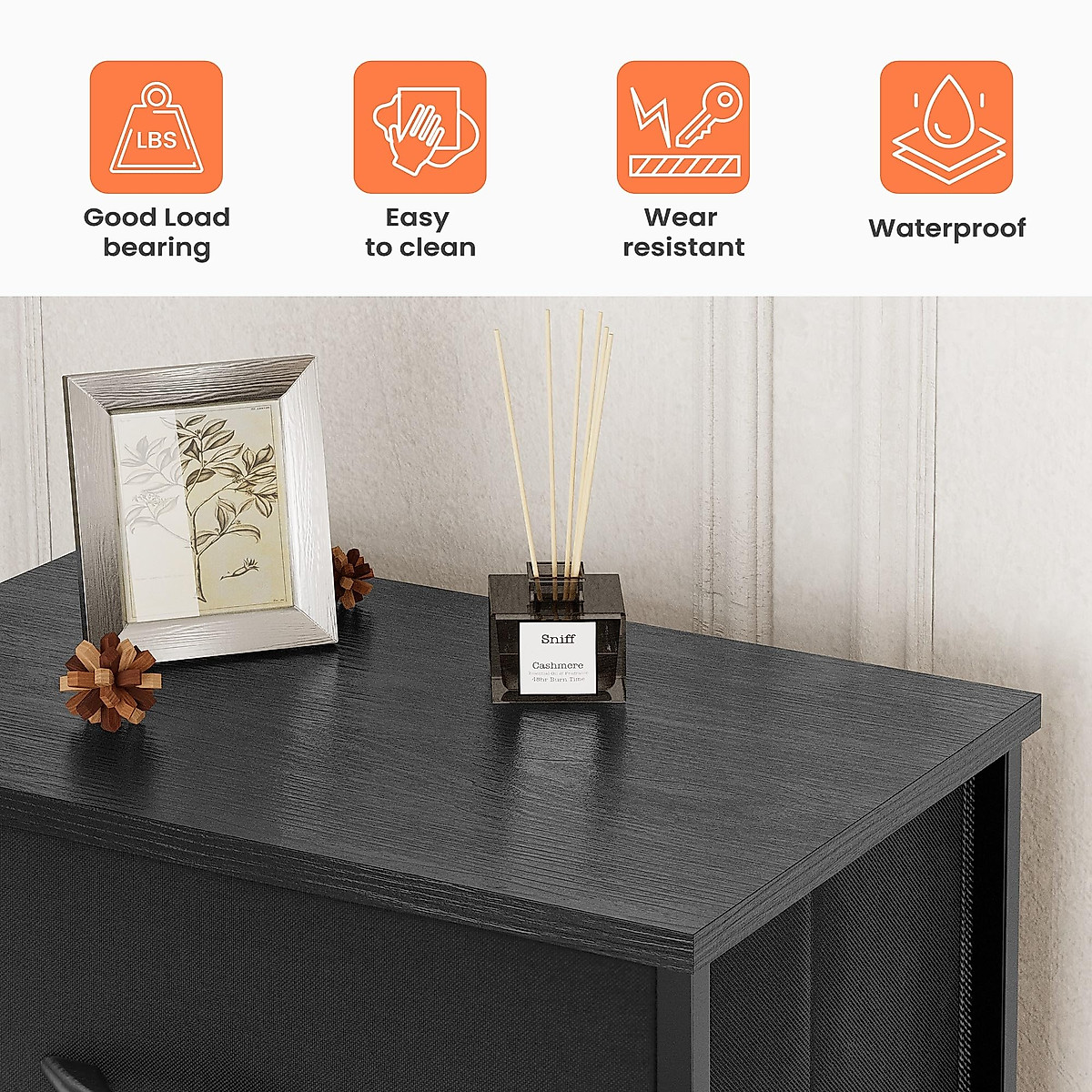 Pellebant Dresser for Bedroom with 5 Drawers, Tall Dresser Vertical Storage Tower, Sturdy Metal Frame, Fabric Storage Bins with Plastic Handle and Wooden Top, Organizer Unit for Closet/Hallway, Black