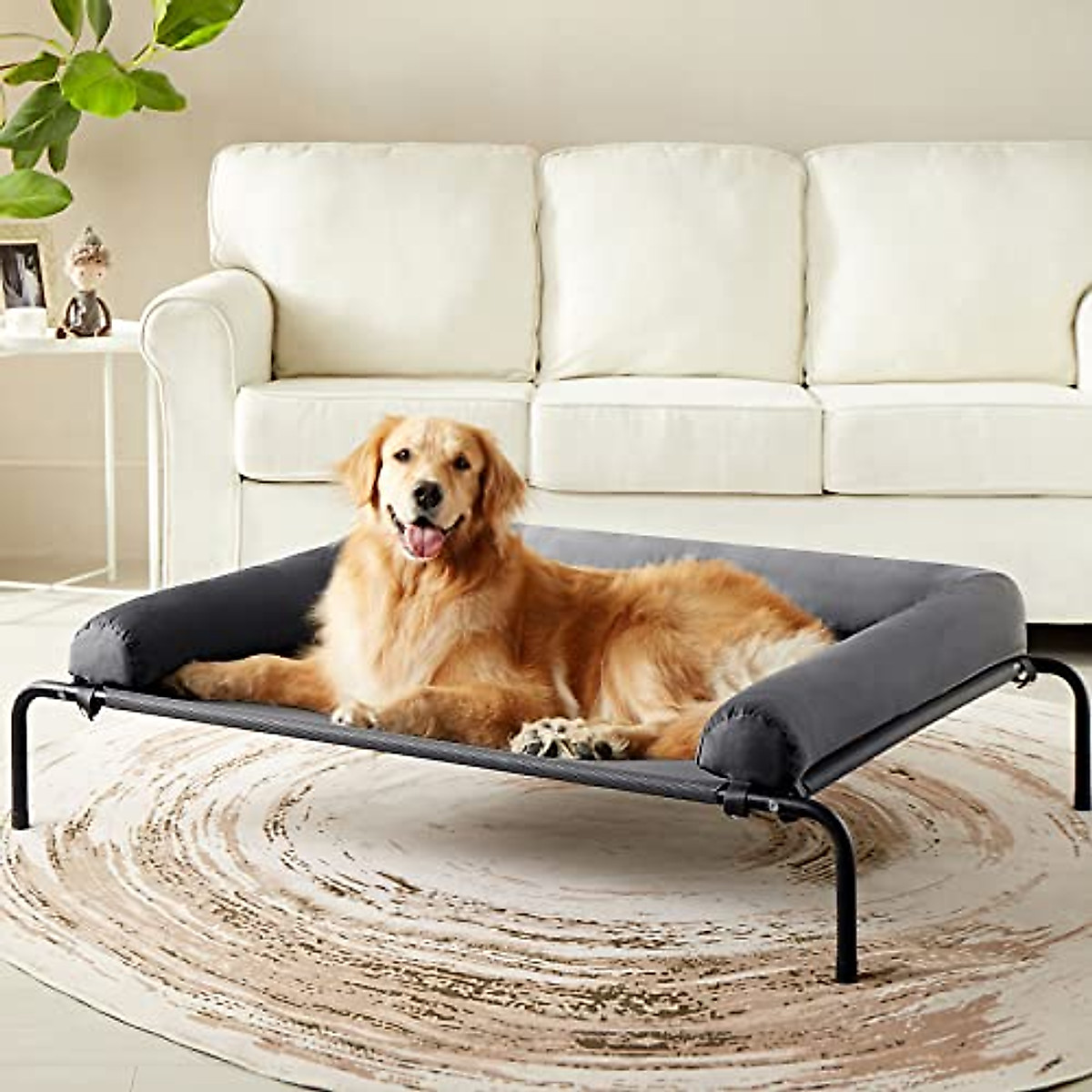 WESTERN HOME Elevated Dog Bed Cot, Chew Proof Raised Outdoor Dog Bed with Bolster for Extra Large Dogs, Portable Cooling Pet Cot with Breathable Mesh, Skid-Resistant Feet, Grey, 48.25 inches