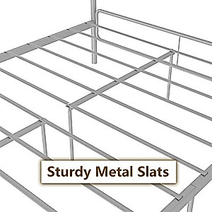 Bunk Bed Twin Over Full, Heavy Duty Metal Bunk Bed Frame with Guard Rail & Flat Ladder Stairs, Space-Saving, No Box Spring Needed (Silver)