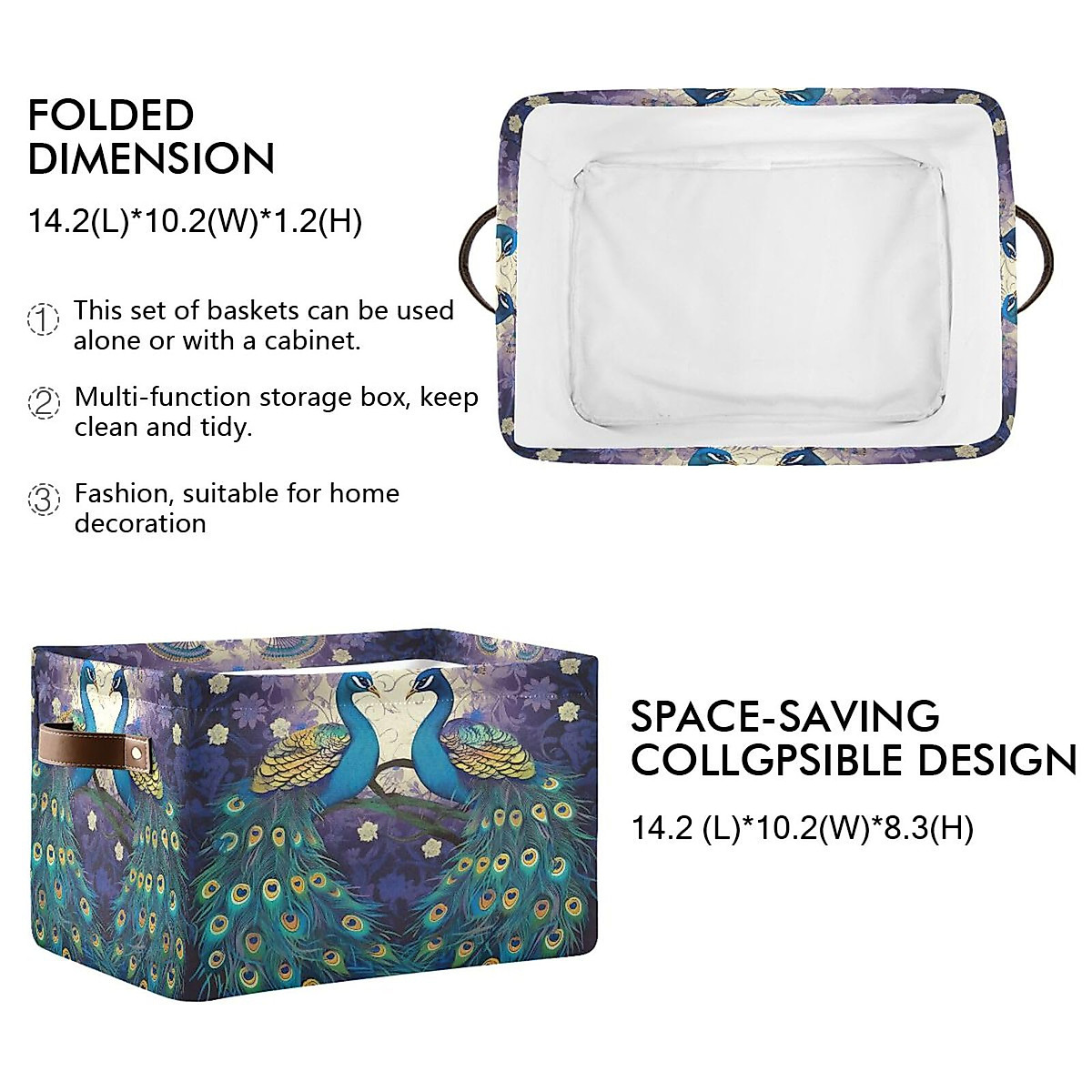 xigua Peacocks Pattern Storage Bins Foldable Canvas Fabric Storage Basket with Handles for Organizing, Large Storage Baskets for Shelves Closet