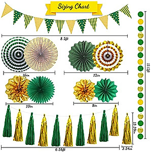 Green Gold Paper Fans Hanging Glitter Paper Triangle Flag Pennant Banner Tassel Garland Circle Banners Party Decorations for Bachelorette, Birthday Carnival, Engagement Wedding, Baby Bridal Shower