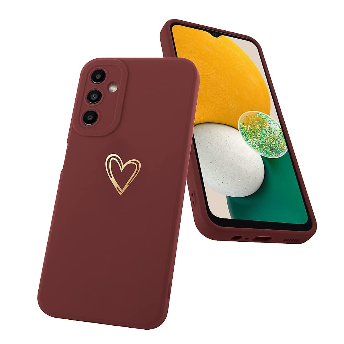 Fiyart Designed for Samsung Galaxy A14 5G Case Love Heart Design for Women Girls Soft TPU Plating Full Camera Lens Protection Phone Cover Bumper with Screen Protector for Galaxy A14 5G-Wine Red