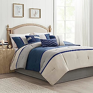 Madison Park Palisades Comforter Set Modern Faux Suede Pieced Stripe Design, All Season Down Alternative Cozy Bedding with Matching Shams, Decorative Pillows, Cal King(104"x92"), Blue 7 Piece