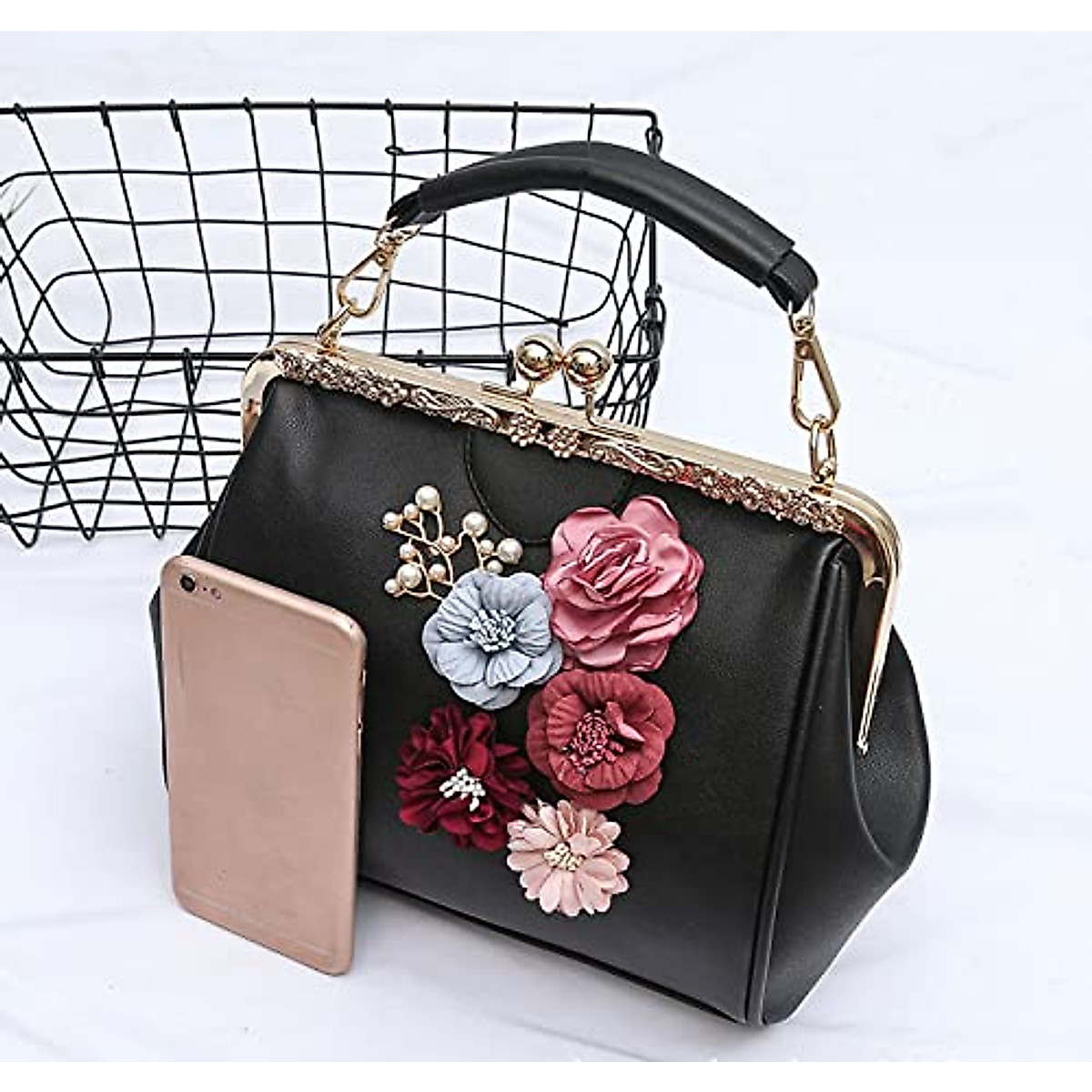 Abuyall Women's Retro Handbag Kiss Lock Shoulder Bag Vintage Purse Flowers M D