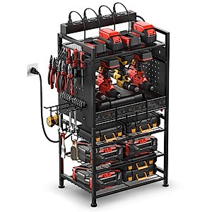 JUNNUJ Power Tool Organizer Floor Stand with Charging Station, Garage Adjustable Storage Rack Utility Tool Shelf with 8 Outlet Power Strip, Heavy Duty Drill and Battery Holder, Black