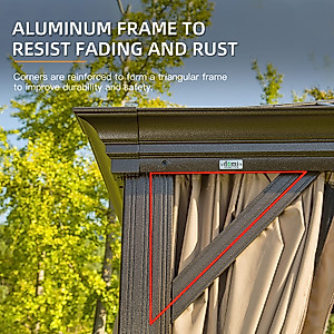 Domi Hardtop Gazebo 10x12ft Outdoor Pergola Metal Gazebos Backyard Pavilion Aluminum Roof Canopy with Mosquito Netting and Curtains for Patio,Garden,Lawn(Brown)