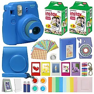 Fujifilm Instax Mini 9 Instant Camera Smokey White with Carrying Case + Fuji Instax Film Value Pack (40 Sheets) Accessories Bundle, Color Filters, Photo Album, Assorted Frames, Selfie Lens + More