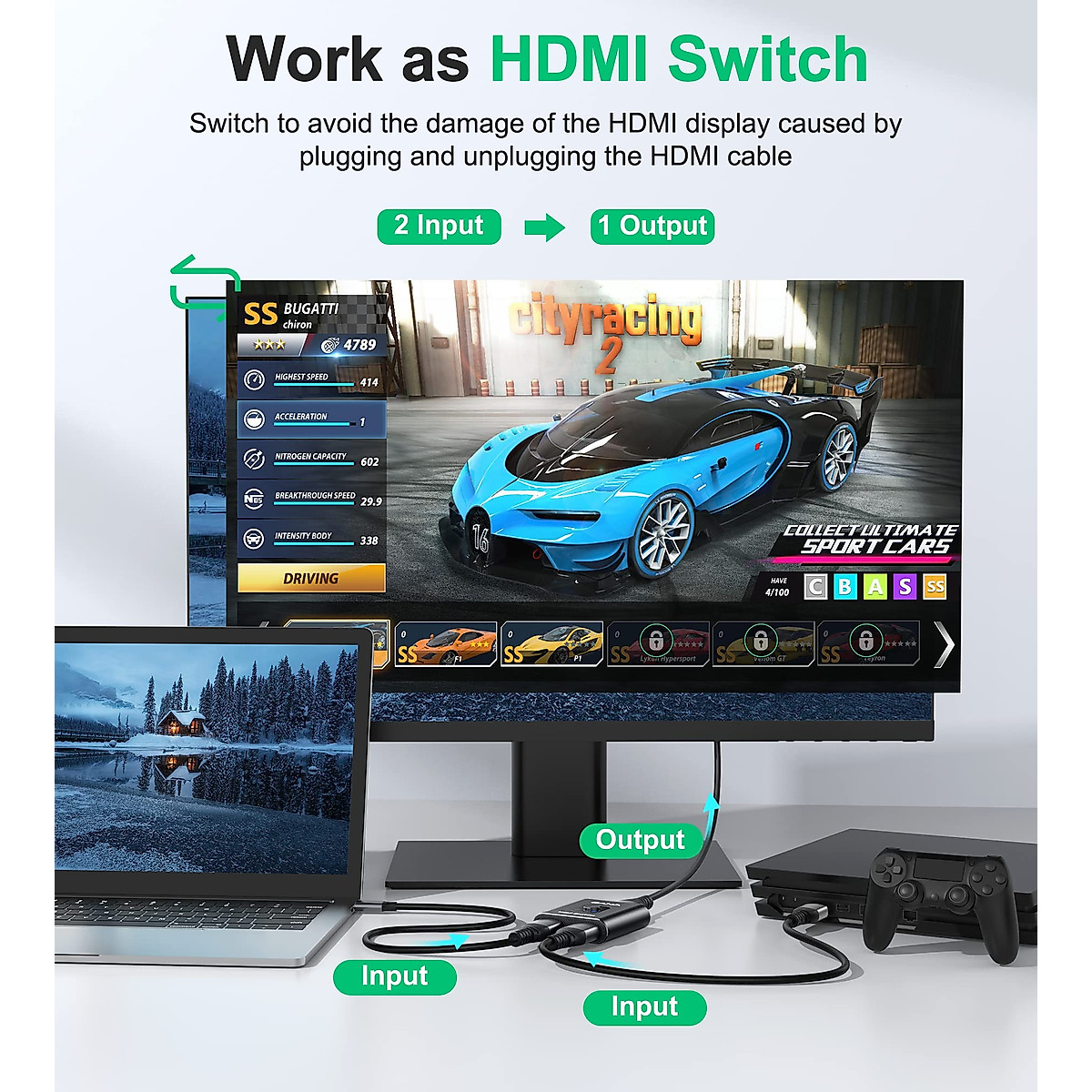 HDMI Switch 4k@60hz Splitter, GANA Aluminum Bidirectional HDMI Switcher 2 in 1 Out, Manual HDMI Hub Supports HD Compatible with Xbox PS5/4/3 Blu-Ray Player Fire Stick Roku