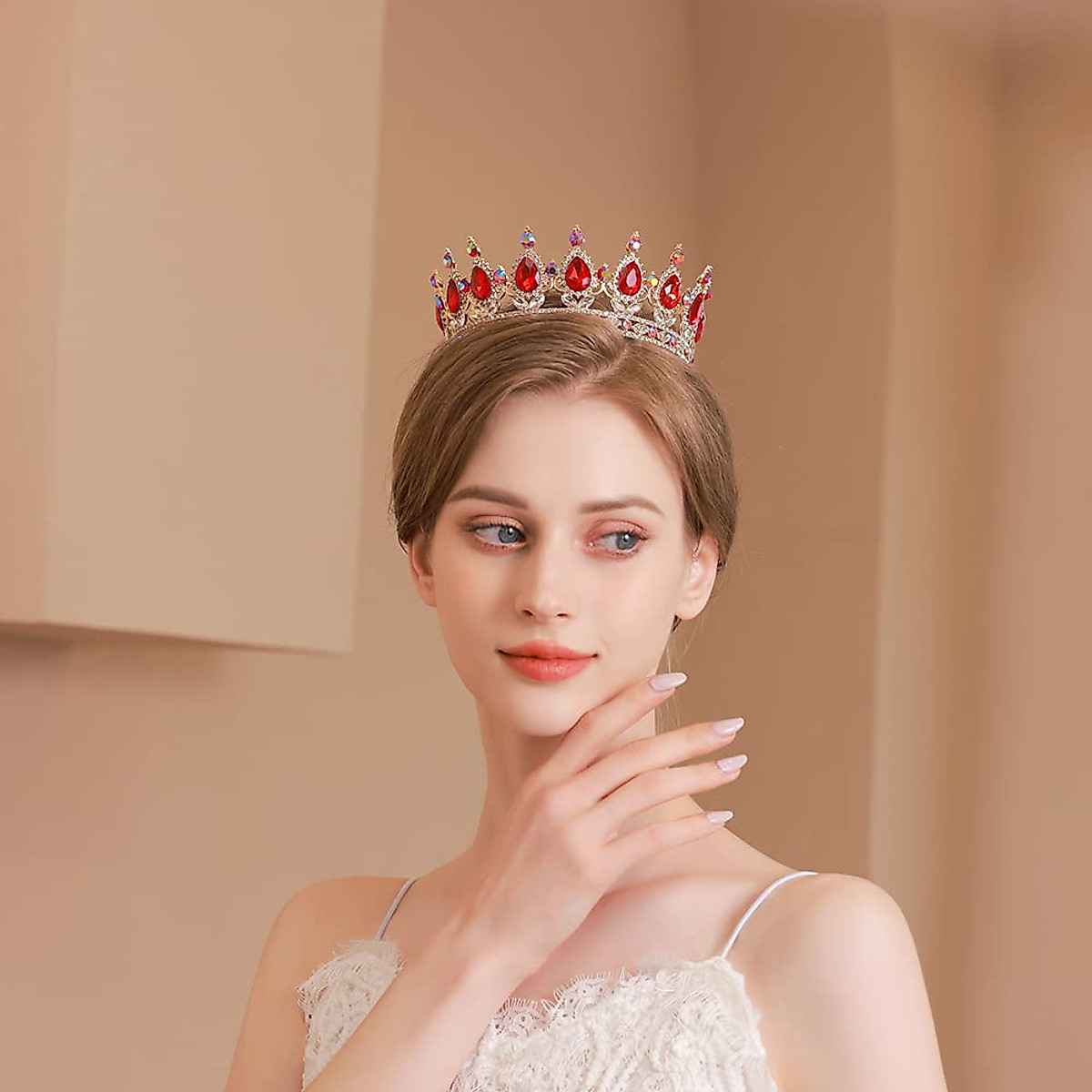 Kamirola Vintage Royal Queen Teardrop Rhinestone Diadem Tiaras Crown Pageant Prom Diadem Bride Wedding Hair Jewelry Accessories (AB stone-gold)