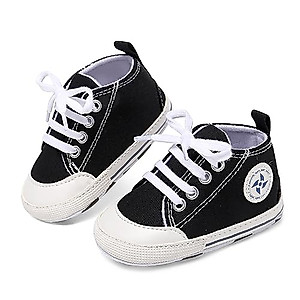 Baby Boys Girls Star High Top Sneaker Soft Anti-Slip Sole Newborn Infant First Walkers Canvas Denim Shoes (13cm, A-Black, 12_Months)