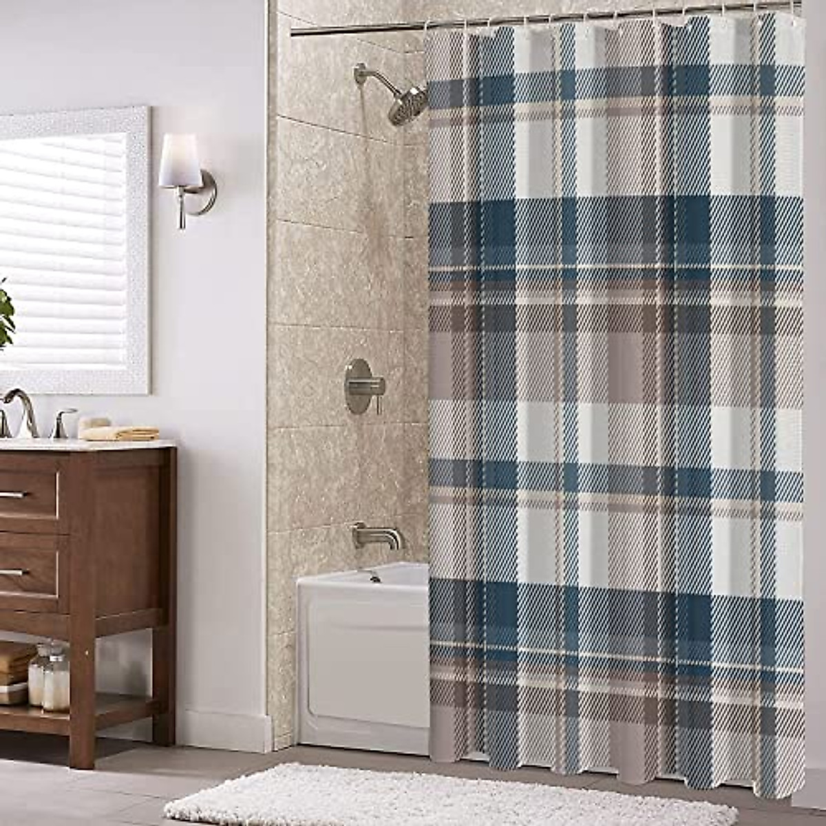 BestLives Shower Curtain Check Plaid Brown and Blue Bath Curtain Buffalo Texture Waffle Fabric Waterproof Bathroom Curtain with Hooks 72 x 84 Inches