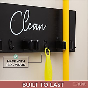 Ilyapa Mop and Broom Holder Wall Mount, Black Wooden Broom and Mop Organizer Wall Hanging, Kitchen Laundry Room Organizer Storage Rack, Broom Hanger Wall Mount, Broom Organizer Wall Mount