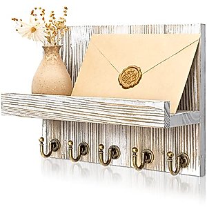 Rebee Vision Farmhouse Key Holder for Wall - Decorative Mail Organizer and Retro Key Hanger for Wall - 5 Sturdy Key Hooks with Small Floating Shelf for Rustic Apartment Essentials (Natural Wood)