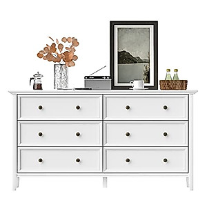 IKENO 6 Drawer Double Dresser, 55 inch Solid Wood Bedroom Dresser in White