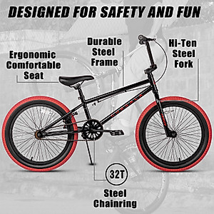 cubsala 18 Inch Big Kids BMX Bicycle Freestyle Bike for Age 5 6 7 8 9 Years Old Boys Girls and Youth Beginners, Black with Red Tires