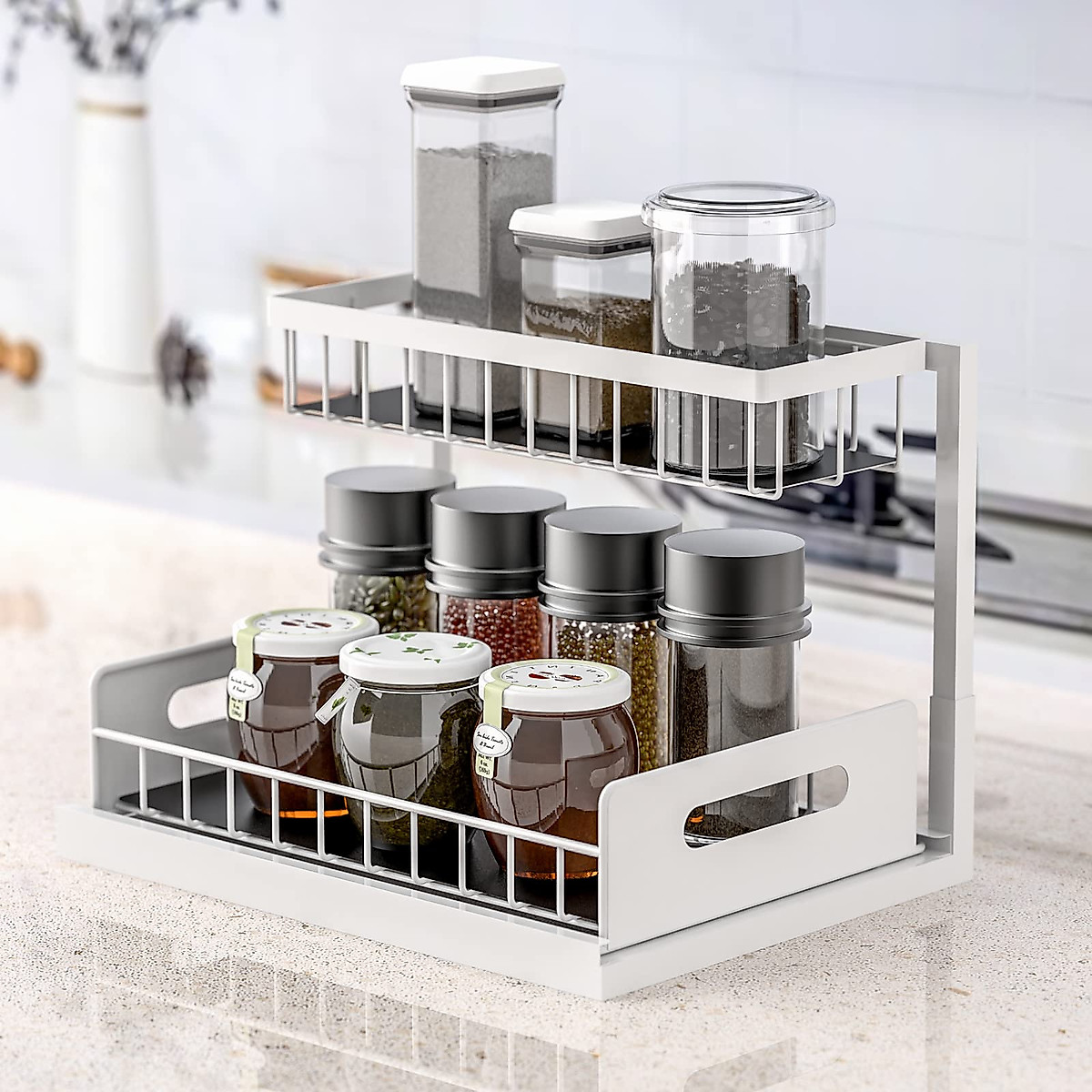 KINGPOUL Under Sink Organizers-2-Tier Heavy Duty Metal Slide Out Pull Out Drawers L-Shape Under Cabinet Storage Around Plumbing, for Under Kitchen Bathroom Sink Organizers and Storage(White)