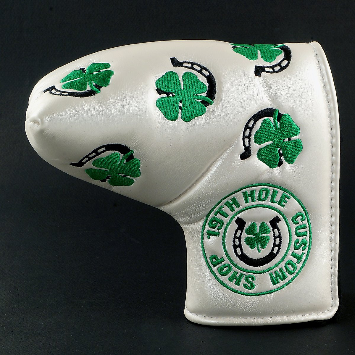 Clover and Horseshoe Headcover for Blade and Midsize Mallet Putter, White, Golf Head Cover