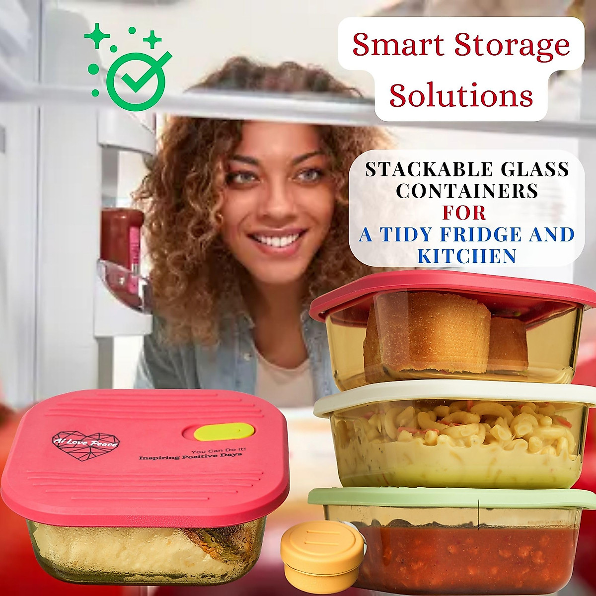 AI LOVE PEACE Glass Lunch Containers for Women Adults, Microwave Safe Glass Lunch Box, Leak Proof BPA-Free, Durable, Built-in Vent - Ideal for Meal Prep & On-the-Go Lunches (red)